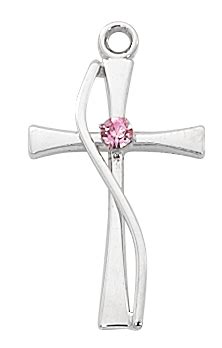 Sterling Silver Cross Necklace With Pink Glass Stone On 18 Inch Rhodium