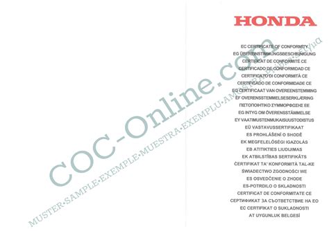 Coc Papers Honda Car Certificate Of Conformity Free Shipping Coc Online
