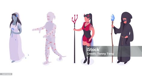 아이소메트릭 할로윈 파티 캐릭터 미라 마법사 악마 카니발 의상 할로윈 파티 가장 무도회 3d 벡터 일러스트레이션 세트 10월에 대한 스톡 벡터 아트 및 기타 이미지 Istock