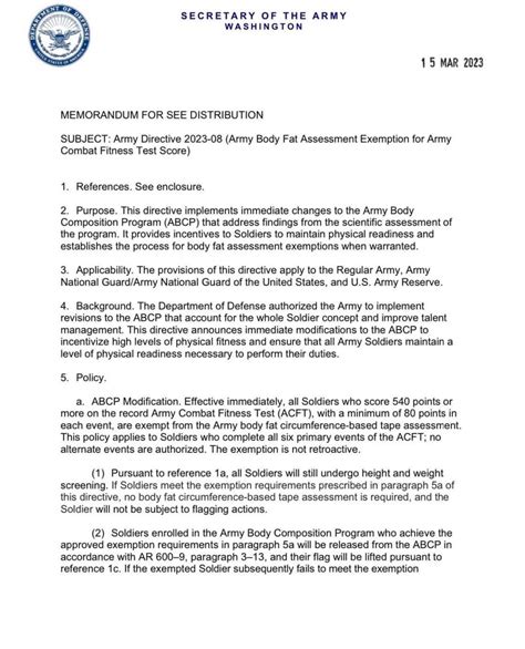 New Army Body Fat Assessment Exemption Via Acft Score Rarmy