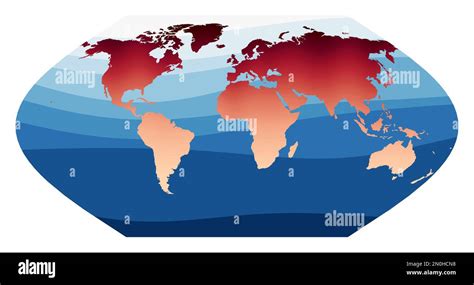 World Map Vector Eckert V Projection World In Red Orange Gradient On Deep Blue Ocean Waves