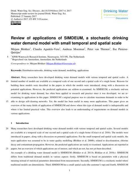 Pdf Review Of Applications Of Simdeum A Stochastic Drinking Water