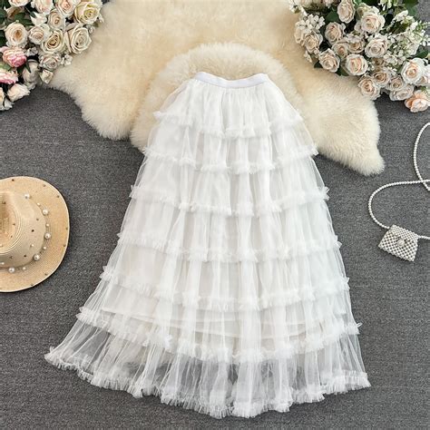 Idall Maxi Skirtpleated Skirts Womens Tulle Skirt Ruffle Multilayer Mesh A Line Tier Tutu Prom