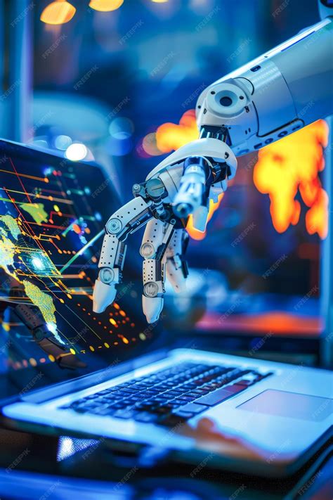 Premium Photo Futuristic Robotic Arm Typing On A Laptop Keyboard Against A Digital World Map