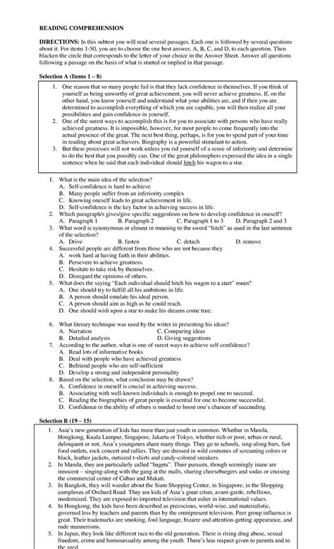 reading comprehension part 1 reading comprehension directions in this subtest you will read