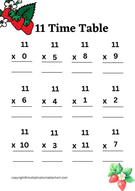 11 Times Table Worksheet [11 Multiplication Table] Free Pdf