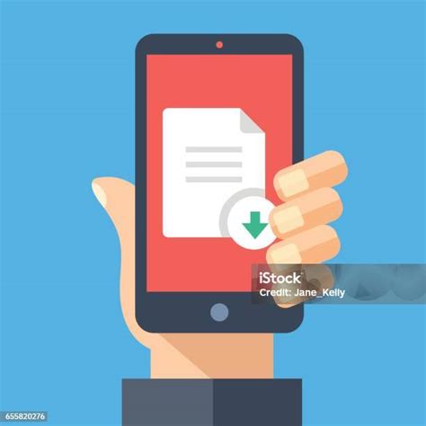 휴대 전화 개념 문서를 다운로드합니다 핸드 문서 아이콘 또는 파일 아이콘 및 다운로드 버튼으로 스마트폰 화면에 들고 현대 평면 디자인 그래픽 요소입니다 벡터 일러스트 레이