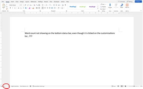 Word Count Not Showing Even Though Ticked Roffice365