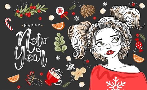 새 해 복 많이 받으세요 그리고 메리 크리스마스 인사말 카드입니다 겨울 요소와 로맨틱 소녀입니다 벡터 일러스트 레이 션 겨울에 대한 스톡 벡터 아트 및 기타 이미지 Istock