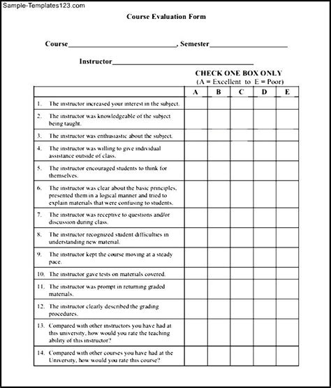 Course Evaluation Sheet Templates