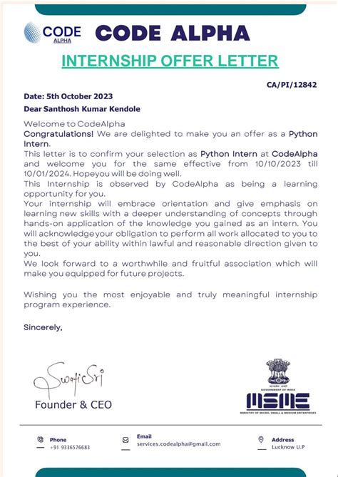 Im Excited To Say That I Have Selected As A Python Intern At Code Alpha Thank You So Much For