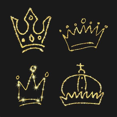 골드 반짝이 손으로 그린 왕관 4개의 간단한 낙서 스케치 여왕 또는 왕관 세트 어두운 배경에 고립 된 왕실 대관식과 군주 상징 벡터 일러스트 레이 션 프리미엄 벡터