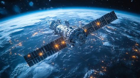 Satellite Spacecraft In Orbit Transmitting Telemetry And Gps Signals Over Earth At Night