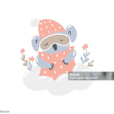 귀여운 코알라는 베개와 수면 마스크와 구름에 잠을 자고 있다 스칸디나비아 스타일의 어린이 벡터 일러스트레이션 0명에 대한 스톡 벡터 아트 및 기타 이미지 Istock