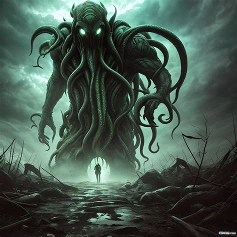 A Giant Squid Monster With Glowing Eyes Standing In A Field Seaart Ai