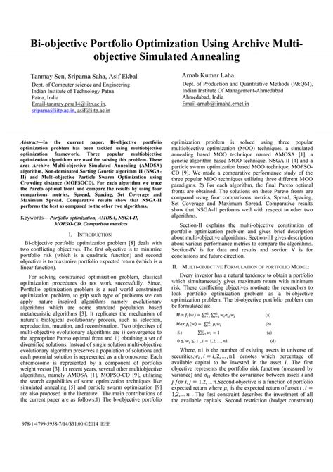 Pdf Bi Objective Portfolio Optimization Using Archive Multi­ Objective Simulated Annealing