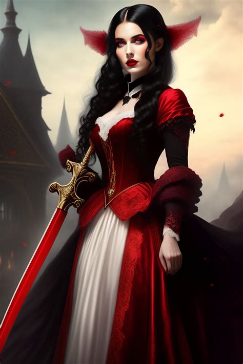 Lexica Beautiful Young Vampire Woman Black Victorian Era Dress Full Body Red Eyes Red Lips