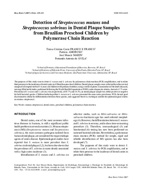 Pdf Detection Of Streptococcus Mutans And Streptococcus Sobrinus In Dental Plaque Samples From