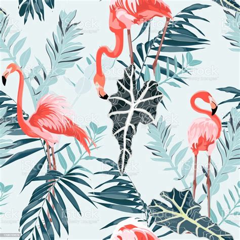 핑크 플라밍고와 이국적인 파란색 잎 파란색 배경입니다 꽃 무음 패턴 열대 그림입니다 이국적인 식물 조류 여름 해변 디자인입니다 파라다이스 자연 0명에 대한 스톡 벡터 아트