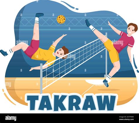 Sepak Takraw Illustration With Athlete Playing Kick Ball On Court In Flat Sports Game