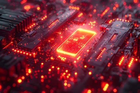 Futuristic Cyber Technology Circuit Board With Glowing Red Chip