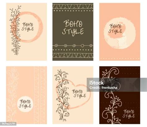 분홍색 짙은 녹색 갈색 및 베이지 색상의 부족 장식품이 있는 수직 배너 세트 라벨 스티커 보헤미안 스타일의 태그 모음 벡터 일러스트 레이 션 Eps8 0명에 대한 스톡 벡터