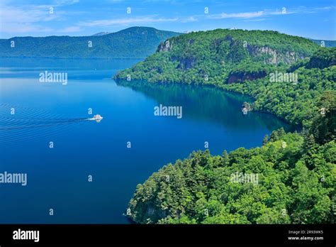 Lake Towada And Sightseeing Boat Seen From Kankodai Obsevatory Stock