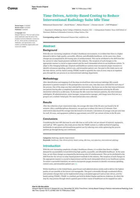 Pdf Time Driven Activity Based Costing To Reduce Interventional