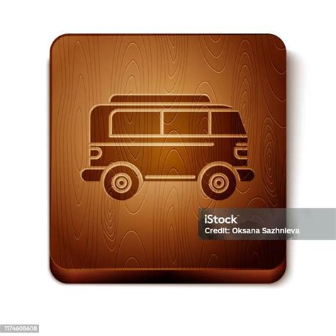 흰색 배경에 고립 된 갈색 복고풍 미니 밴 아이콘입니다 오래 된 복고풍 클래식 여행 밴입니다 나무 사각형 버튼입니다 벡터 일러스트레이션 관광에 대한 스톡 벡터 아트 및 기타