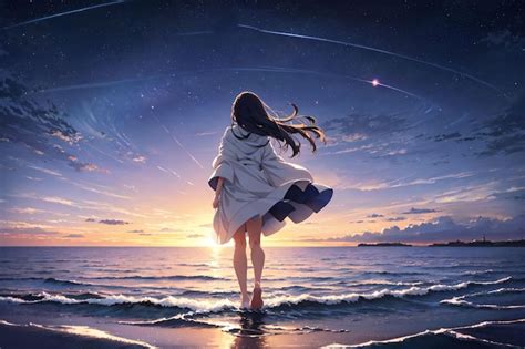 Premium Ai Image A Woman Standing On The Beach Looking At The Sky