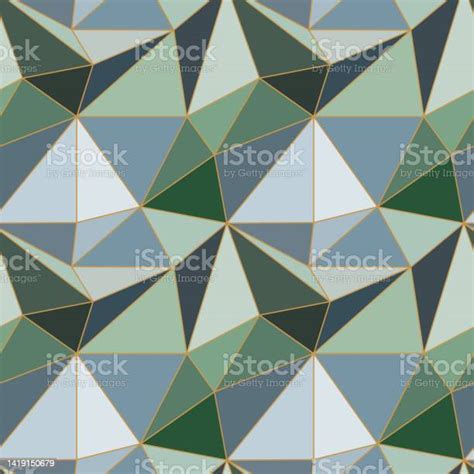 녹색과 회색 색상의 낮은 다각형 이음새가 없는 패턴 금색 가장자리가 있습니다 추상적인 기하학적 낮은 폴리 배경 0명에 대한 스톡