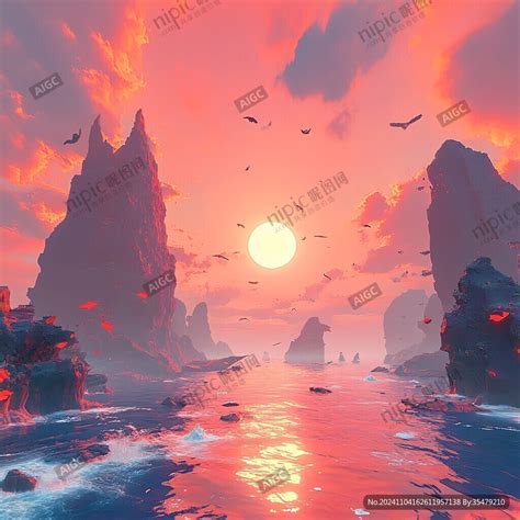 Ai创作图插画红日 插画落日 海上落日插画 粉红色超现实海景 漂浮的粉红色海景 粉红色的超现实海景 国风场景图 国风场景 中国风场景 国潮古风景色 落日插画 插画日落 黄昏场景插画 国风风景