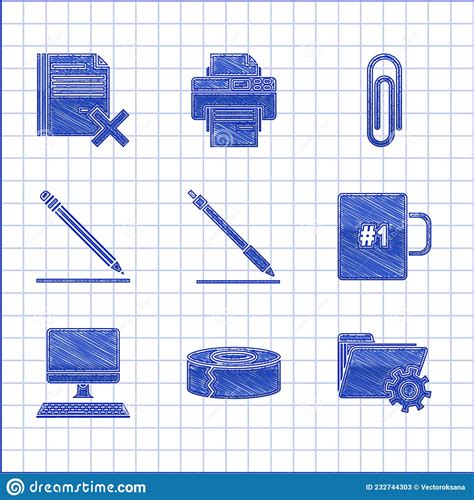 Set Pen Line Scotch Folder Settings With Gears Coffee Cup Computer Monitor Keyboard Pencil