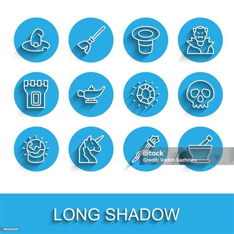 세트 라인 마법 공 유니콘 마녀 모자 지팡이 박격포와 유봉 램프 알라딘 해골 및 돌 아이콘 벡터 가공의 인물에 대한 스톡 벡터 아트 및 기타 이미지 Istock