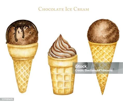 와플 콘 세트에 초콜릿으로 장식 된 다양한 초콜릿 아이스크림 스쿱 흰색 배경에 격리된 수채화 그림 0명에 대한 스톡 벡터 아트 및 기타 이미지 Istock