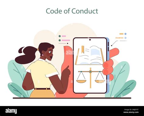 Code Of Conduct Concept A Person Holds A Tablet Displaying Scales Of Justice Symbolizing