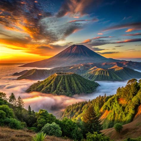 Sunrise Behind Volcano In Java Land Stock Illustration Illustration Of Outdoorphotography