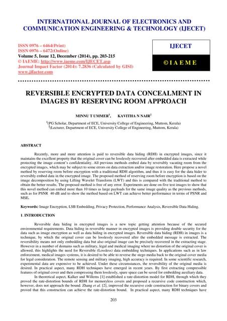 Reversible Encrypted Data Concealment In Images By Reserving Room Approach Pdf