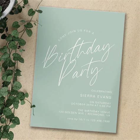 Sage Green Mint Simple Minimal Any Age Birthday Invitation 18th