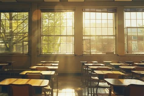A Classroom With A Row Of Desks And A Window With The Sun Shining
