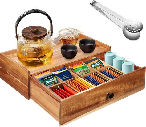 Acacia Wood Tea Bag Organizer With Tea Bag Squeezer Tea