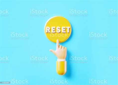 Cartoon Style Human Hand Clicking Over A Yellow Push Button Reset Is