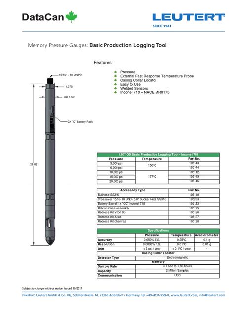Datacan Memory Pressure Gauges Basic Production Logging Tool Pdf Equipment Tools