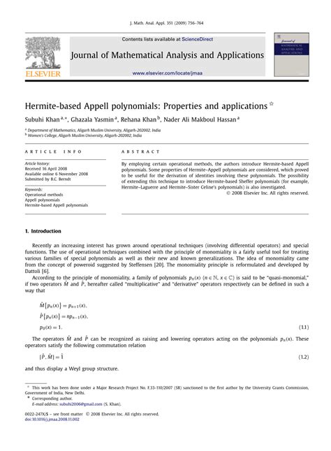 Pdf Hermite Based Appell Polynomials Properties And Applications