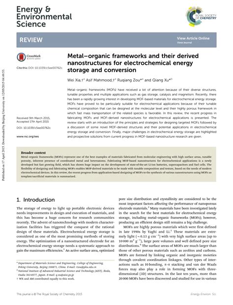 Pdf Metal Organic Frameworks And Their Derived Nanostructures For Electrochemical Energy