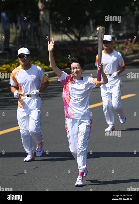 Huzhou Chinas Zhejiang Province 9th Sep 2023 Torch Bearer Wu Jingyu Runs With The Torch