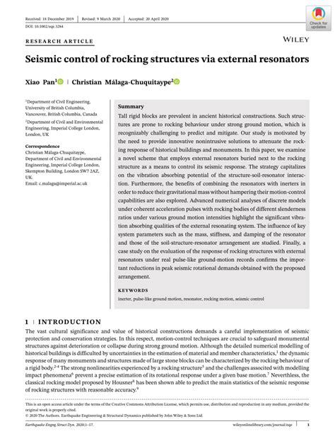 Pdf Seismic Control Of Rocking Structures Via External Resonators
