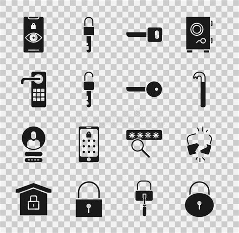 Set Lock Broken Or Cracked Lock Crowbar Key Unlocked Key Digital Door Eye Scan And Icon