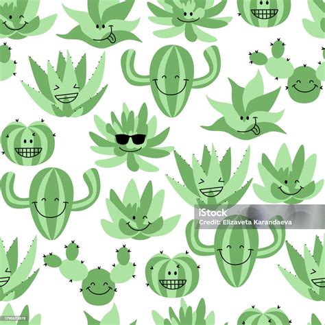 재미있는 선인장과 다육 식물이 웃고 있습니다 원활한 이국적인 패턴 개체 그룹에 대한 스톡 벡터 아트 및 기타 이미지 개체
