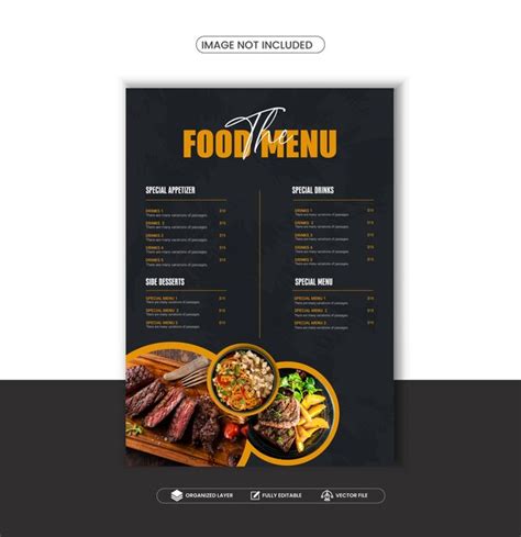 음식 메뉴 및 레스토랑 플라이어 템플릿 디자인 프리미엄 벡터
